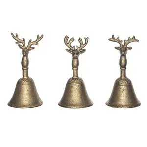 TRANSPAC Cast Iron Brass Reindeer Bell Set Of 3 Decorative Figurines - Gold