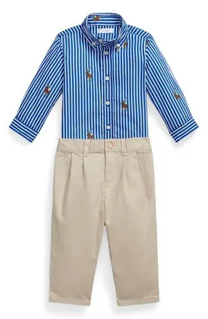 Ralph Lauren Stripe Button-down Shirt & Pants Set - Multi Blue
