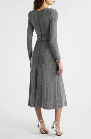 MILLY Rhys Rhinestone Long Sleeve Midi Dress