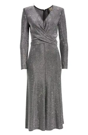MILLY Rhys Rhinestone Long Sleeve Midi Dress