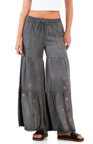 BILLY T Floral Stitched Wide-leg Pants - Smoked Pearl