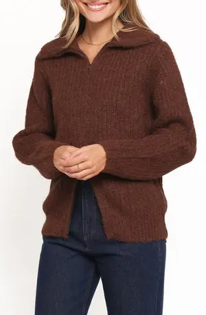 PETAL & PUP Ribbed Zip-up Cardigan - Chocolate