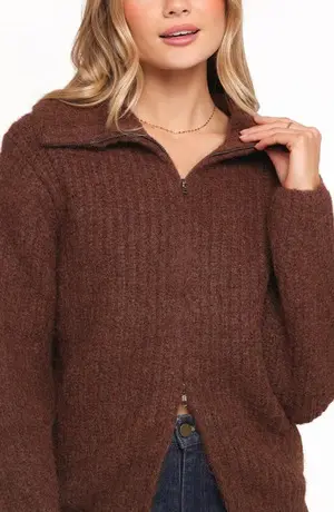 PETAL & PUP Ribbed Zip-up Cardigan - Chocolate