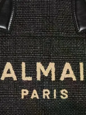 Balmain Raffia And Calfskin Track Tote Bag