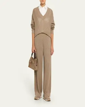 Brunello Cucinelli Metallic Cotton Rib Wide-leg Trousers