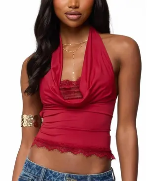 EDIKTED Layered Lacey Cowl Neck Halter Top - Red
