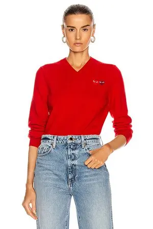 Play Comme Des Garcon Double Emblem V Neck Sweater
