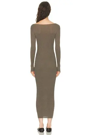 LESET Ribbed Long Sleeve Maxi Dress With Metallic Detailing - Moss