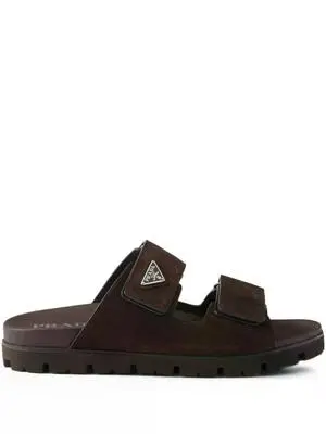 Prada Suede Triangle Logo Sandals - Brown