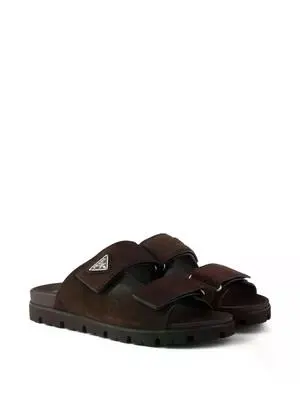 Prada Suede Triangle Logo Sandals - Brown