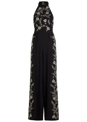 Alice + Olivia Floral-embellished Crepe Jumpsuit - Black