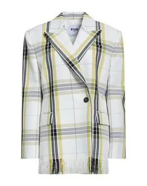 MSGM Tartan Canvas Double-breasted Blazer With Fringes - White