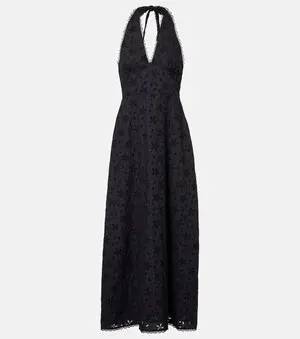 Posse Salma Embroidered Halterneck Cotton Midi Dress Black