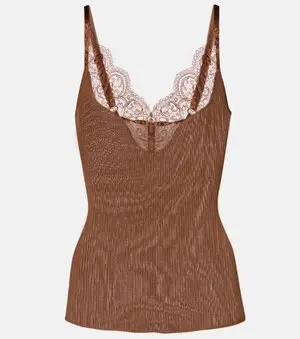 Saint Laurent Lace-trimmed Ribbed-knit Silk Tank Top - Brown