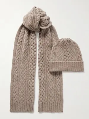 Johnstons Of Elgin Cable-knit Cashmere Beanie And Scarf Set - Brown