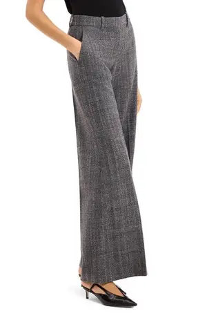 Theory Crosshatch Wool Blend Wide Leg Trousers