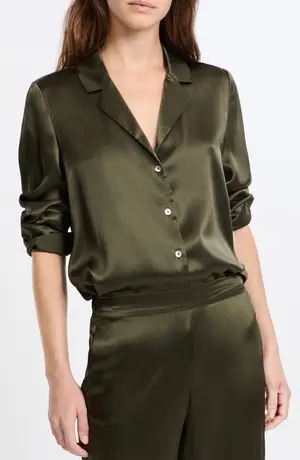 ETAM Pearly Silk Chemise Button-up Pajama Shirt - Kaki