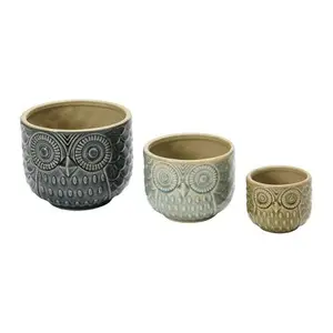 STORIED HOME Decorative Stoneware Owl Containers, Multicolor - Grey