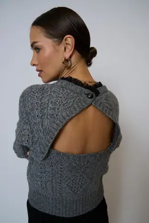 Central Park West Lace Trim Cable Knit Pullover