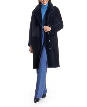 MAXIMILIAN Belted Shearling Coat - Navy/black