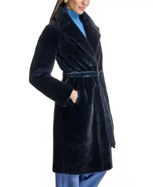 MAXIMILIAN Belted Shearling Coat - Navy/black