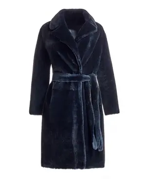 MAXIMILIAN Belted Shearling Coat - Navy/black