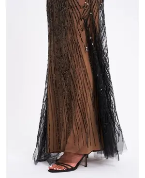 MISS CIRCLE NEW YORK Embroidered Sequin Off-shoulder Mesh Gown