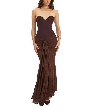 MISS CIRCLE NEW YORK Sweetheart Draped Mesh Mermaid Maxi Dress - Espresso