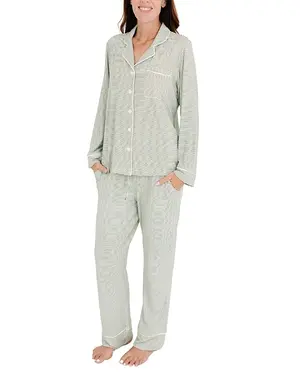 MOTETTE Evergreen Stripe Bamboo Pajama Set - Green And White Stripes