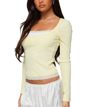 EDIKTED Joana Layered Lacey Henley Top - Yellow