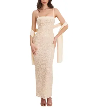 MISS CIRCLE NEW YORK Beaded Sequin Bodycon Gown With Scarf - Gold