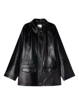 Sandro Leather Jacket With Shirt Collar And Drawstring Waist