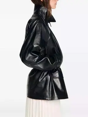 Sandro Leather Jacket With Shirt Collar And Drawstring Waist