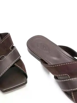 TOD'S Dark Contrast Stitching Crossover Flat Sandals - Brown