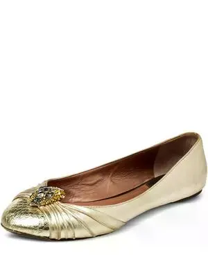 Roberto Cavalli Metallic Leather Python Embossed Flats - Gold
