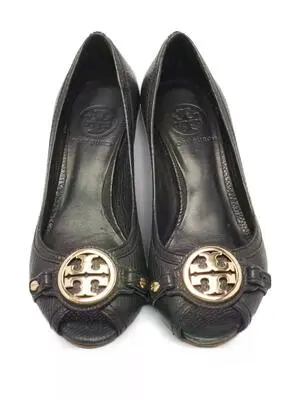 Tory Burch Leather Peep-toe Wedge Heels With Gold Logo Embellishment
