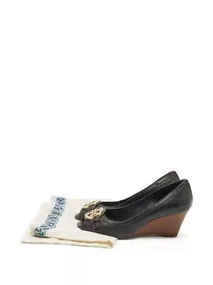 Tory Burch Leather Peep-toe Wedge Heels With Gold Logo Embellishment