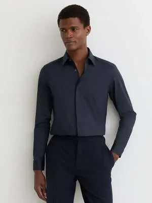 REISS Vega Stretch-cotton Concealed-placket Shirt Slim-fit - Navy