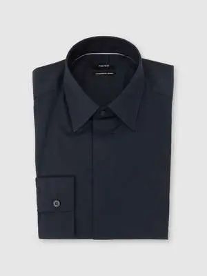 REISS Vega Stretch-cotton Concealed-placket Shirt Slim-fit - Navy