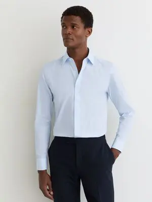 REISS Vega Stretch-cotton Concealed-placket Shirt Slim-fit - Soft Blue