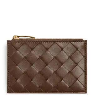 Bottega Veneta Leather Intrecciato Zipped Card Case - Grey
