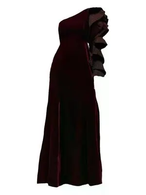 THA SEEN Velvet Maxi Dress With Ruffle Sleeve - Red