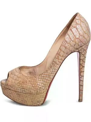 CHRISTIAN LOUBOUTIN Cork Snakeskin Peep Toe Stiletto Pumps - Neutrals