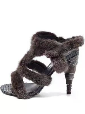 FERRAGAMO Fur And Python Leather Sandals