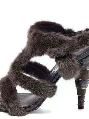 FERRAGAMO Fur And Python Leather Sandals