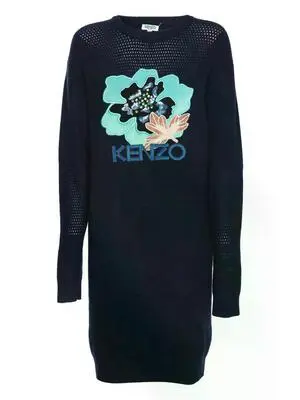 Kenzo Knit Sweater With Logo And Flower Embellishment - Blue