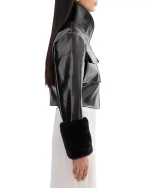 LAMARQUE Faux Leather Jacket With Fur Cuffs