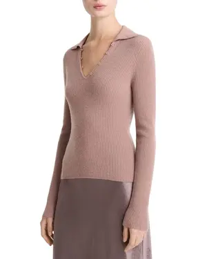 Vince Cashmere Silk Ribbed Polo Top - Beet Root