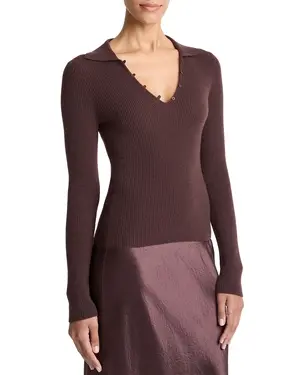 Vince Cashmere Silk Ribbed Polo Top - Fig