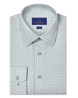 David Donahue Trim Fit Cashmere Blend Twill Check Dress Shirt - Sage